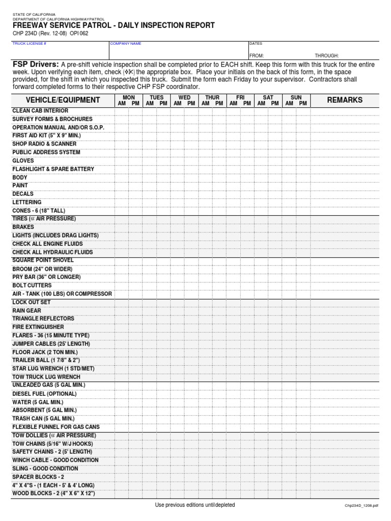 Daily Inspection Report Non-Fillable | PDF | Truck | Land Vehicles