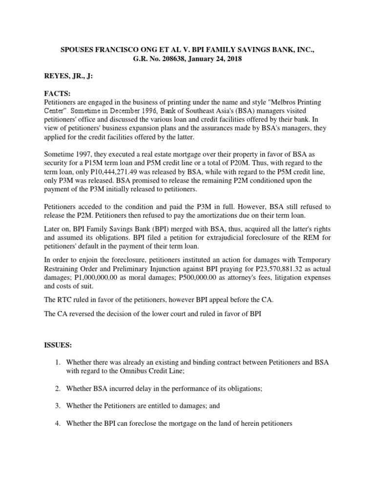 Sps Ong V BPI | PDF | Foreclosure | Credit