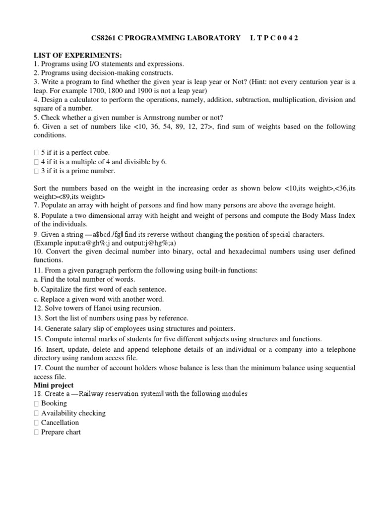 Cs8261 C Programming Laboratory L T P C 0 0 4 2 List of Experiments | PDF