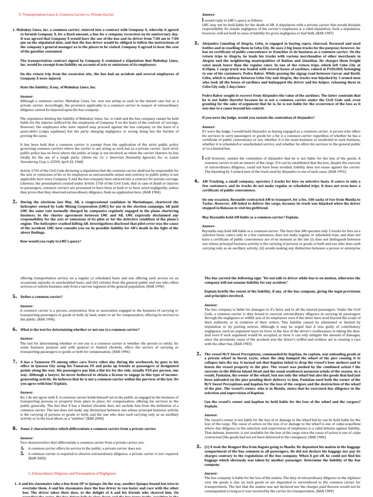 Transportation Question and Answer | PDF | Common Carrier | Negligence
