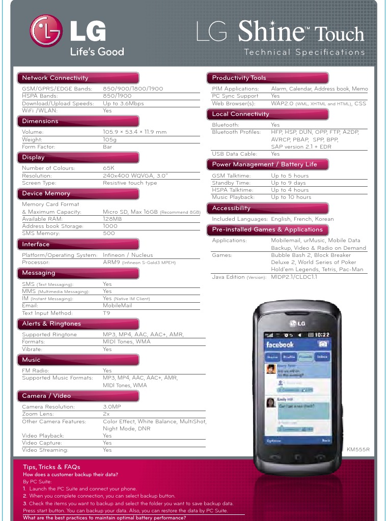 0254eg LG Shine Specsht en 2a | PDF | Backup | Bluetooth