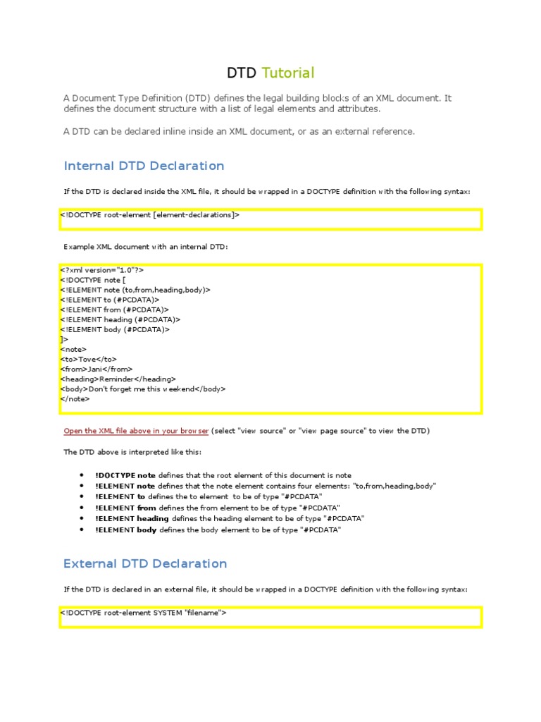 Tutorial: Internal DTD Declaration | PDF | Html Element | Xml