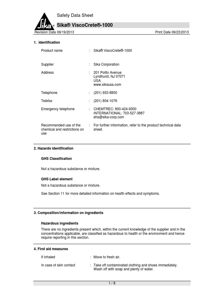 Sika® Viscocrete®-1000: Safety Data Sheet | PDF | Personal Protective ...