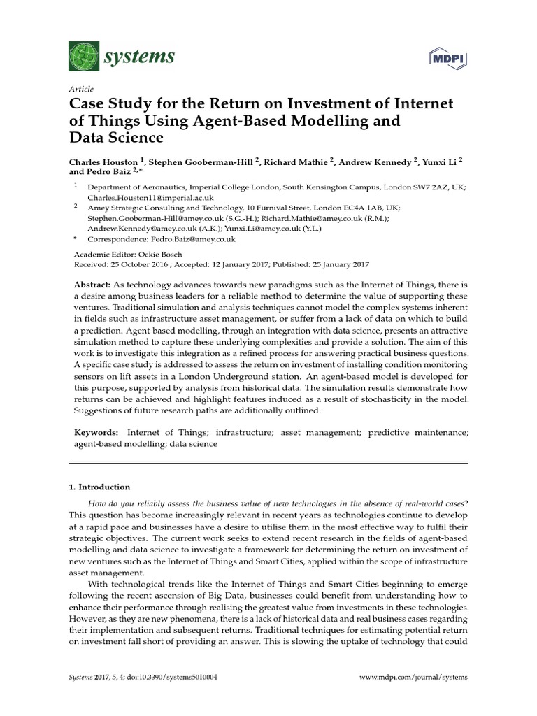 Case Study For The Return On Investment of Internet of Things Using Agent-Based Modelling and ...