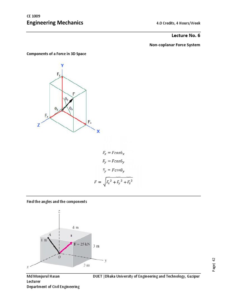 CE1009 Non-coplanar Force Systems | PDF | Truss | Force