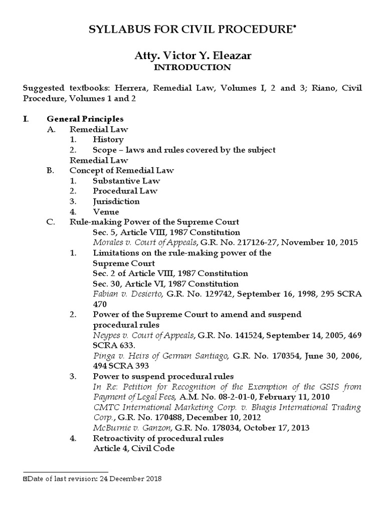 Syllabus For Civil Procedure (Introduction) | PDF | Jurisdiction ...