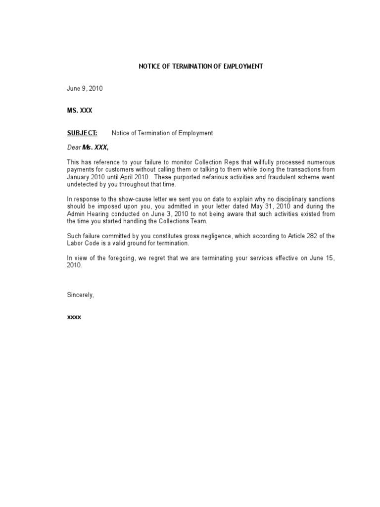 Notice of Termination of Employment - Sample | PDF