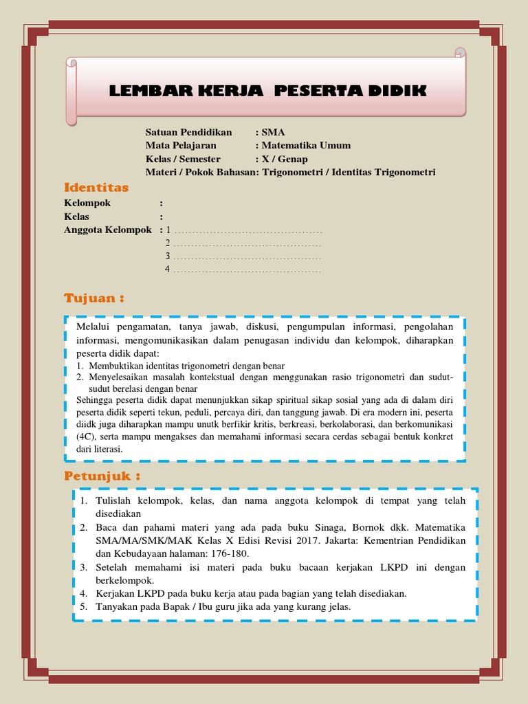 Contoh LKPD Materi Identitas Trigonometri