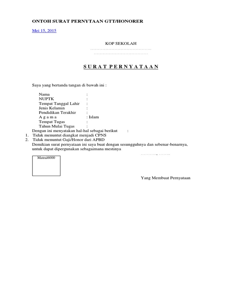 Contoh Surat Pernyataan Honor | PDF
