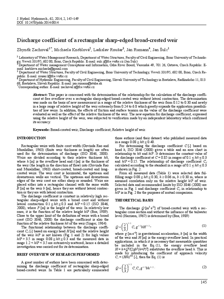 (Journal of Hydrology and Hydromechanics) Discharge Coefficient of A Rectangular Sharp-Edged ...