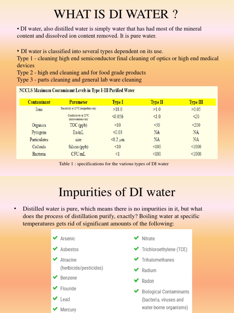 What Is Di Water ?: Table 1: Specifications For The Various Types of DI ...