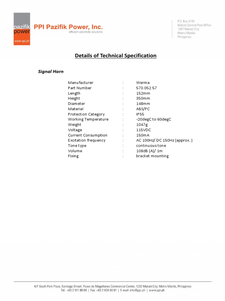 Details of Technical Specification: Signal Horn | PDF
