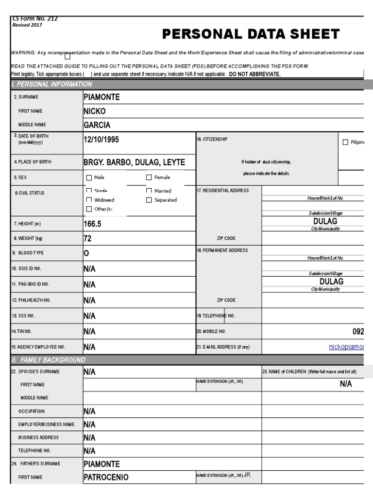 Personal Data Sheet: Piamonte Nicko Garcia 12/10/1995 Brgy. Barbo ...