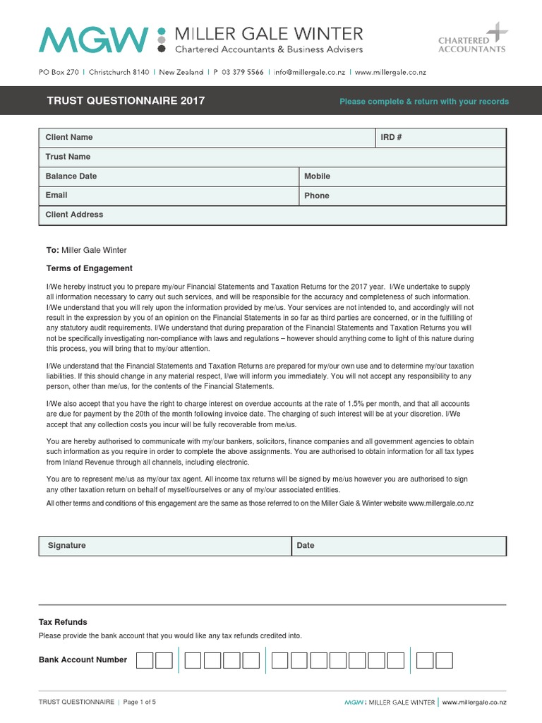 Trust Questionnaire 2017: Client Name Ird # Trust Name | PDF | Banks ...
