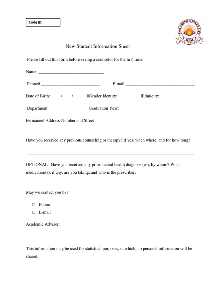 New Student Information Sheet: Code ID | PDF