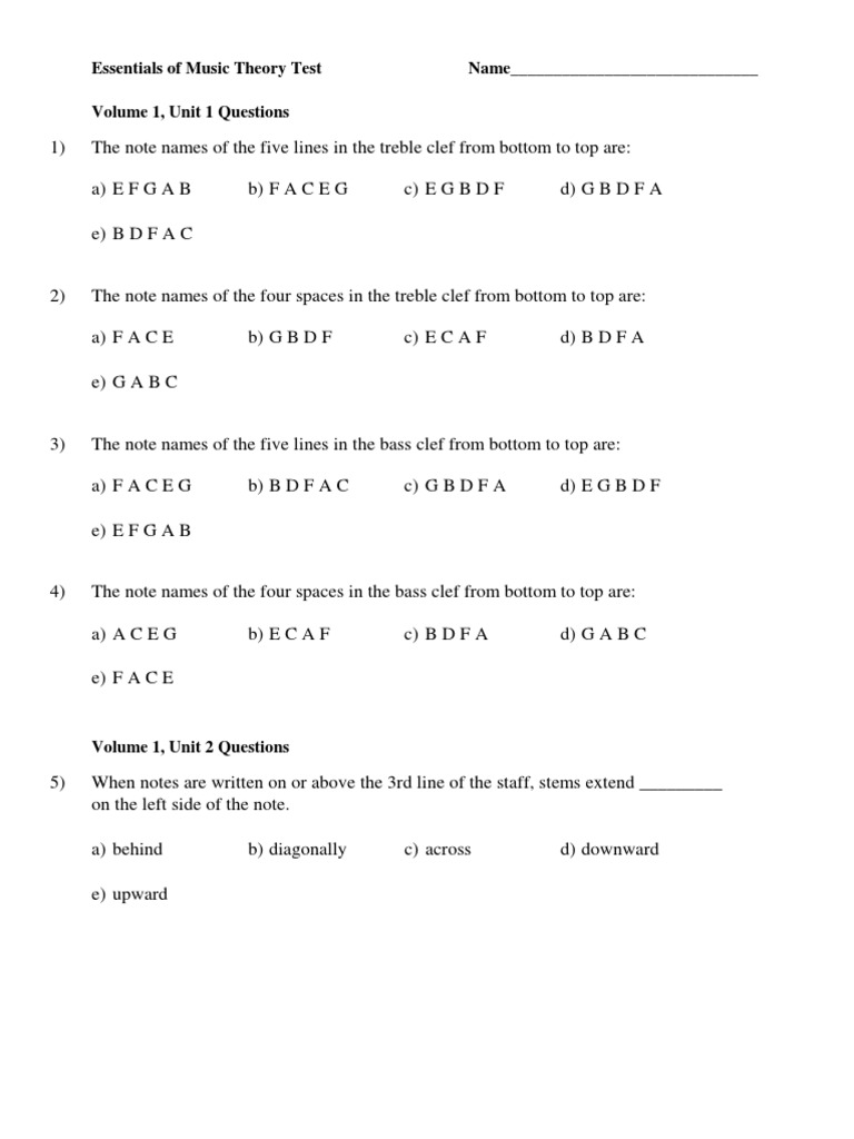 Essentials of Music Theory Test Name - Volume 1, Unit 1 Questions | PDF ...