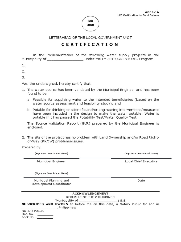Annex A - LCE Certification For Fund Release | PDF