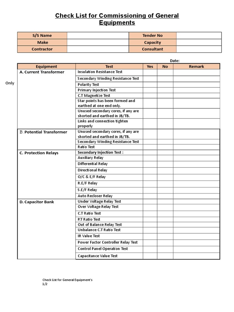 General Equipment Commissioning Checklist | PDF | Relay | Transformer