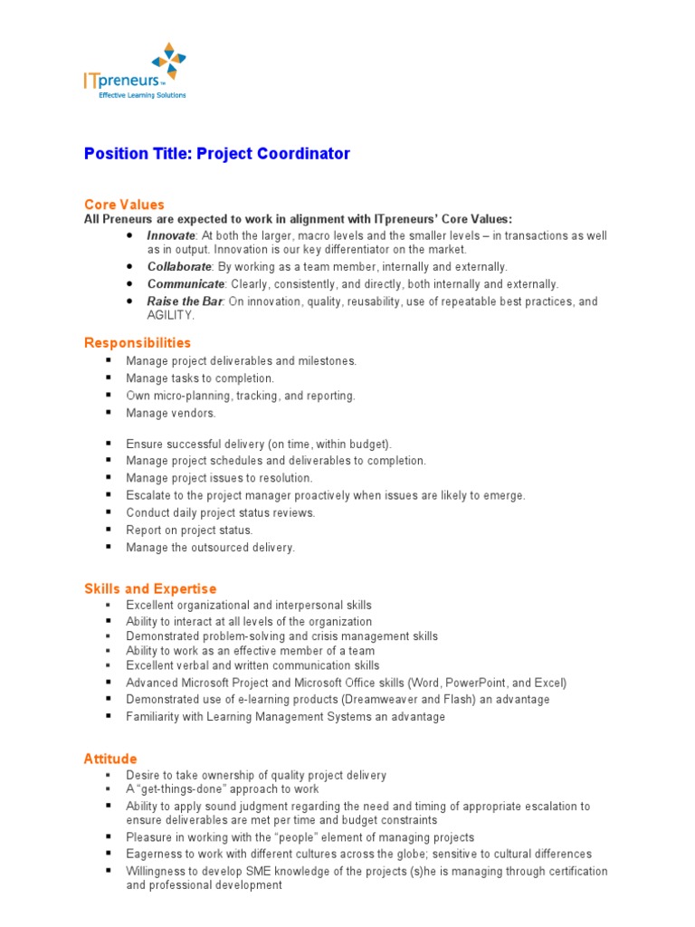 JD - Project Coordinator | PDF | Innovation | Communication