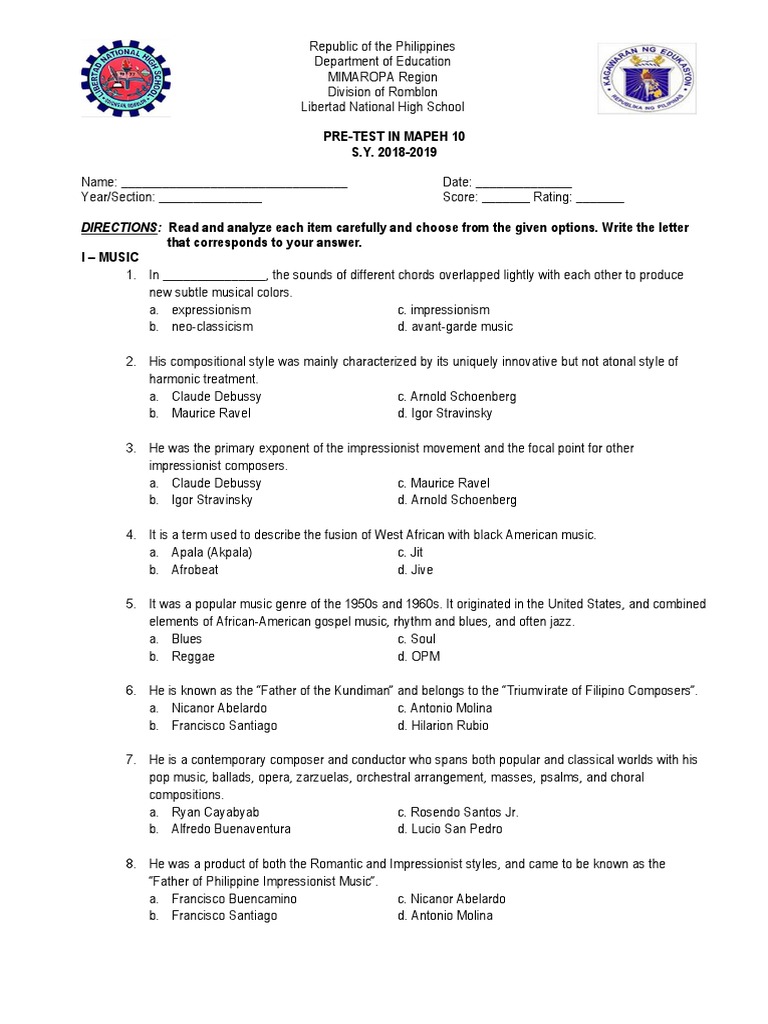 Pre-Test in Mapeh 10 | PDF | Impressionism | Health Professional