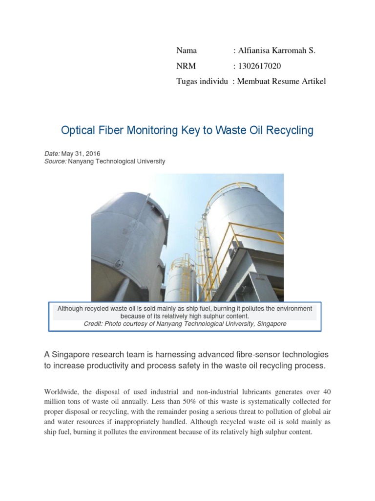 Optical Fiber Monitoring Key To Waste Oil Recycling | PDF | Waste ...