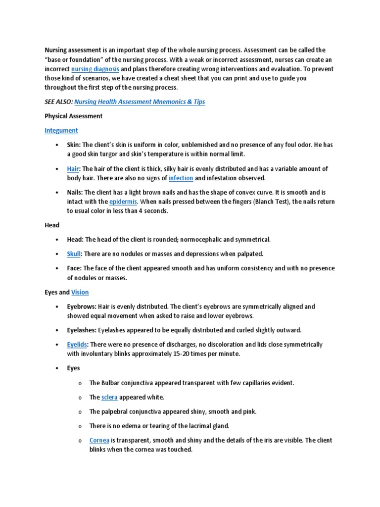 Complete Head-To-Toe Physical Assessment Cheat Sheet | PDF | Neck | Thorax