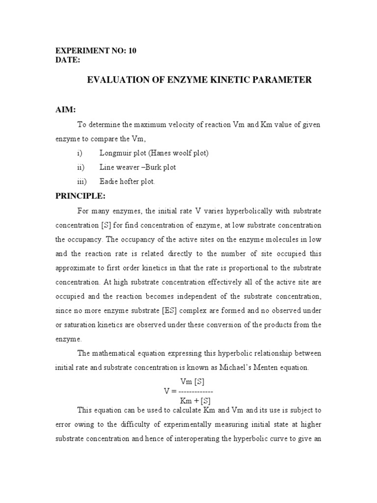 10 Evaluation of Enzyme Kinetic Parameter | PDF | Enzyme Kinetics | Catalysts