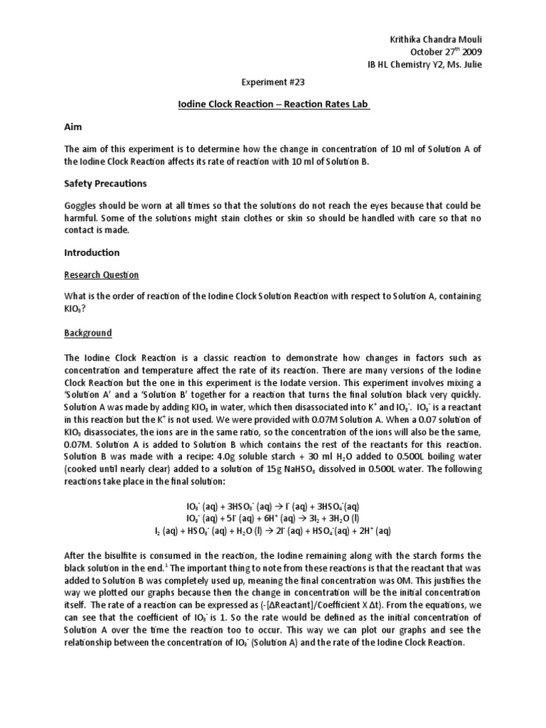 Iodine Clock Reaction IA | PDF | Reaction Rate | Concentration