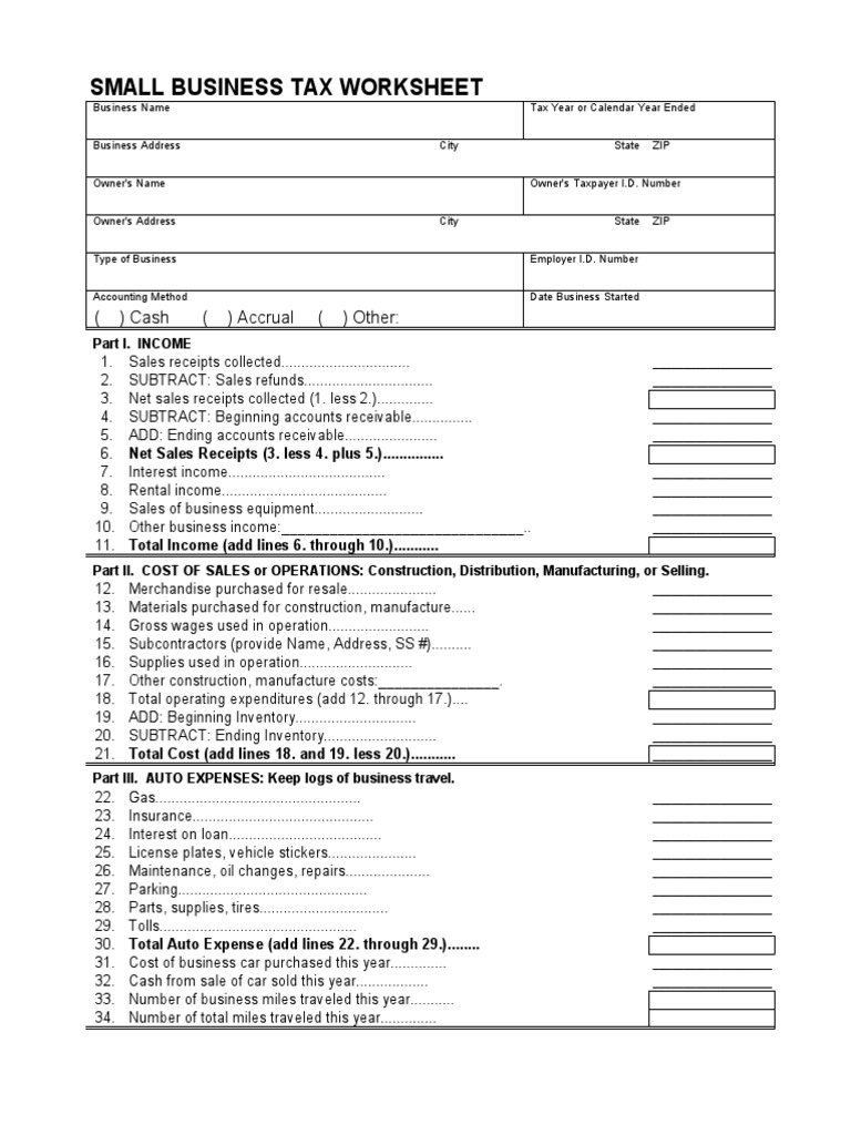 Small Business Tax Worksheet: Cash Accrual Other | PDF | Fee | Expense