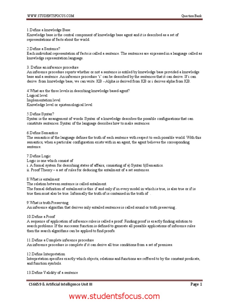 Question Bank: CS6659 & Artificial Intelligence Unit III | PDF | Interpretation (Logic) | Inference