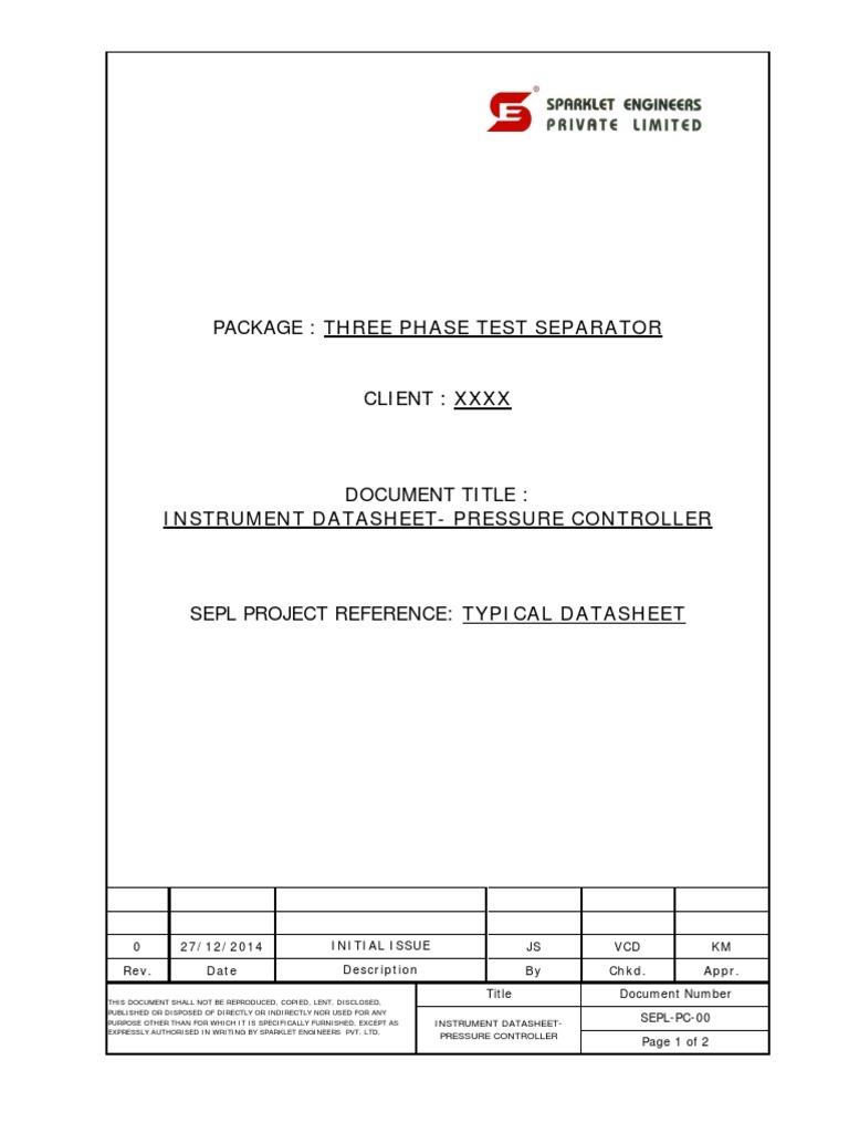 Package: Three Phase Test Separator: Instrument Datasheet-Pressure ...
