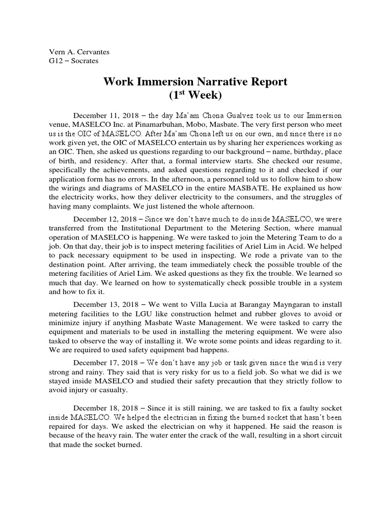 Work Immersion Narrative Report (1 Week) | PDF | Electrician | Transformer