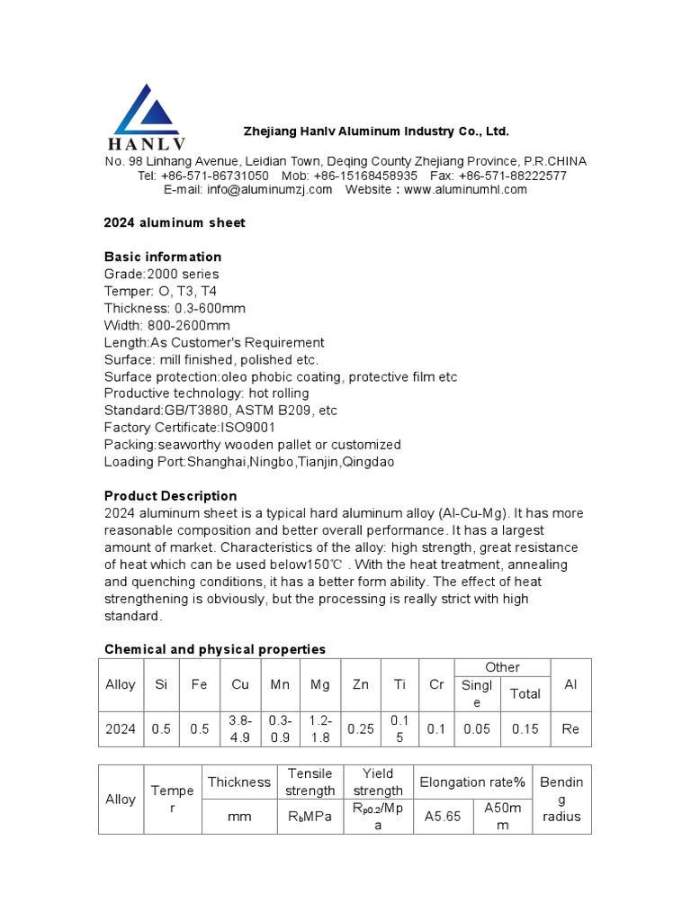 2024 Aluminum Sheet Basic Information | PDF | Aluminium | Metals