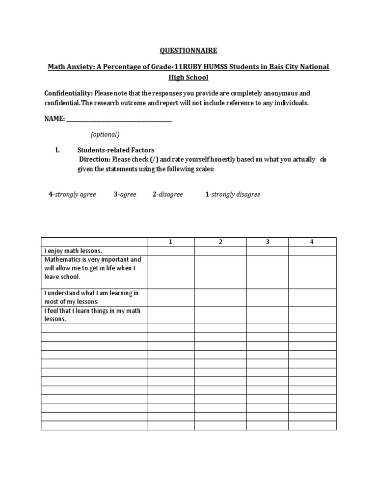Questionnaire Math Anxiety: A Percentage of Grade-11RUBY HUMSS Students ...