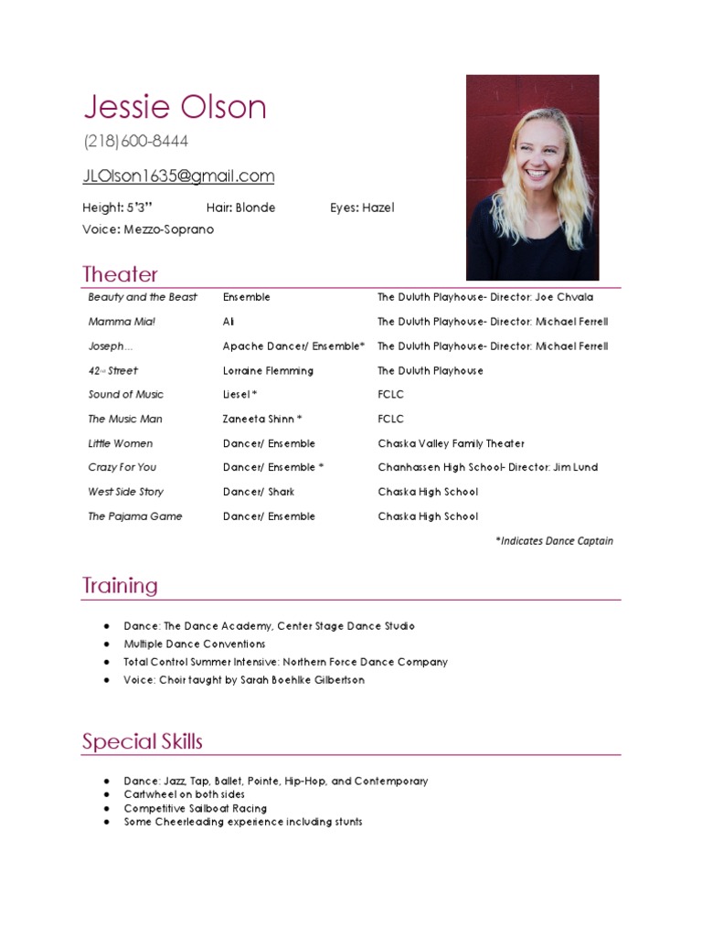 Performer Resume: Jessie Olson | PDF