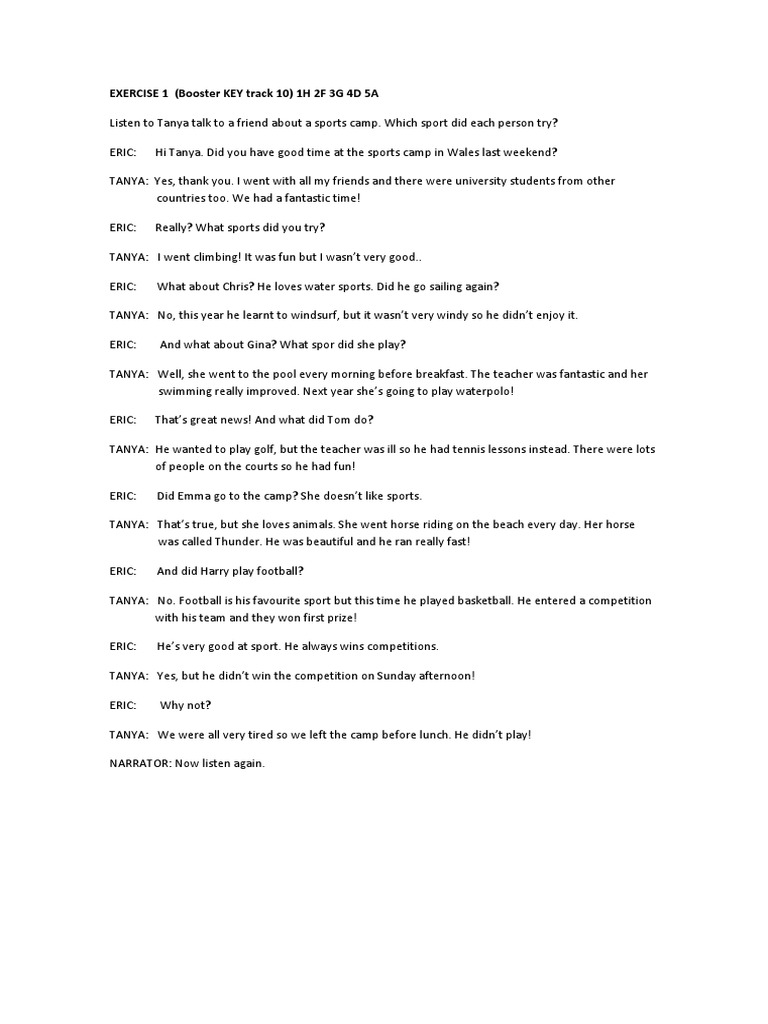 EXERCISE 1 (Booster KEY Track 10) 1H 2F 3G 4D 5A | PDF | Leisure | Sports