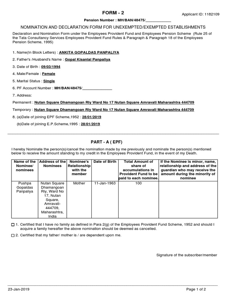 Form - 2: Nomination and Declaration Form For Unexempted/Exempted Establishments | Download Free ...