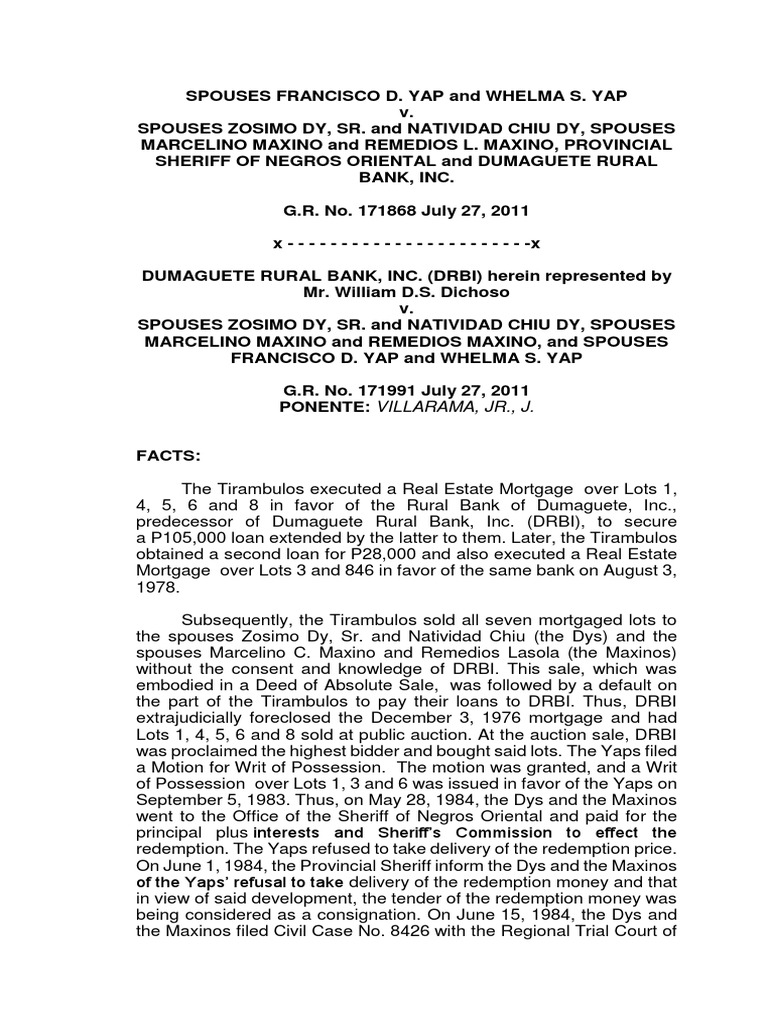 GR No. 171868 (2011) - Sps Yap Vs Sps Dy | PDF | Foreclosure | Judgment (Law)