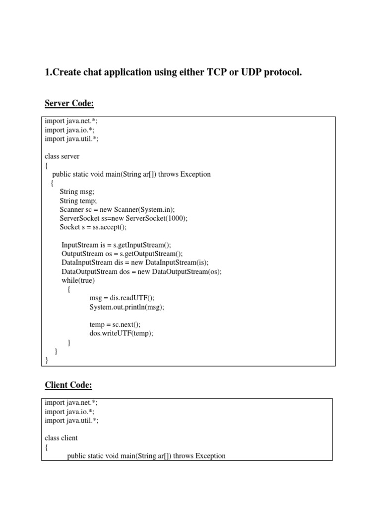 1create Chat Application Using Either Tcp Or Udp Protocol Server Code Pdf Network Socket 0226