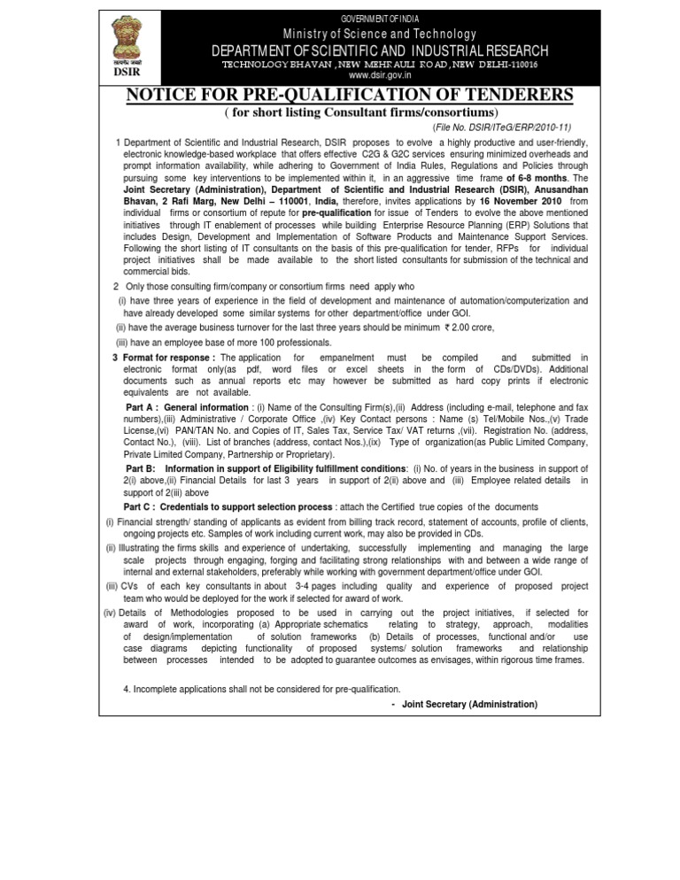 Pre-Qualification Notice for ERP Tenders | PDF | Enterprise Resource ...