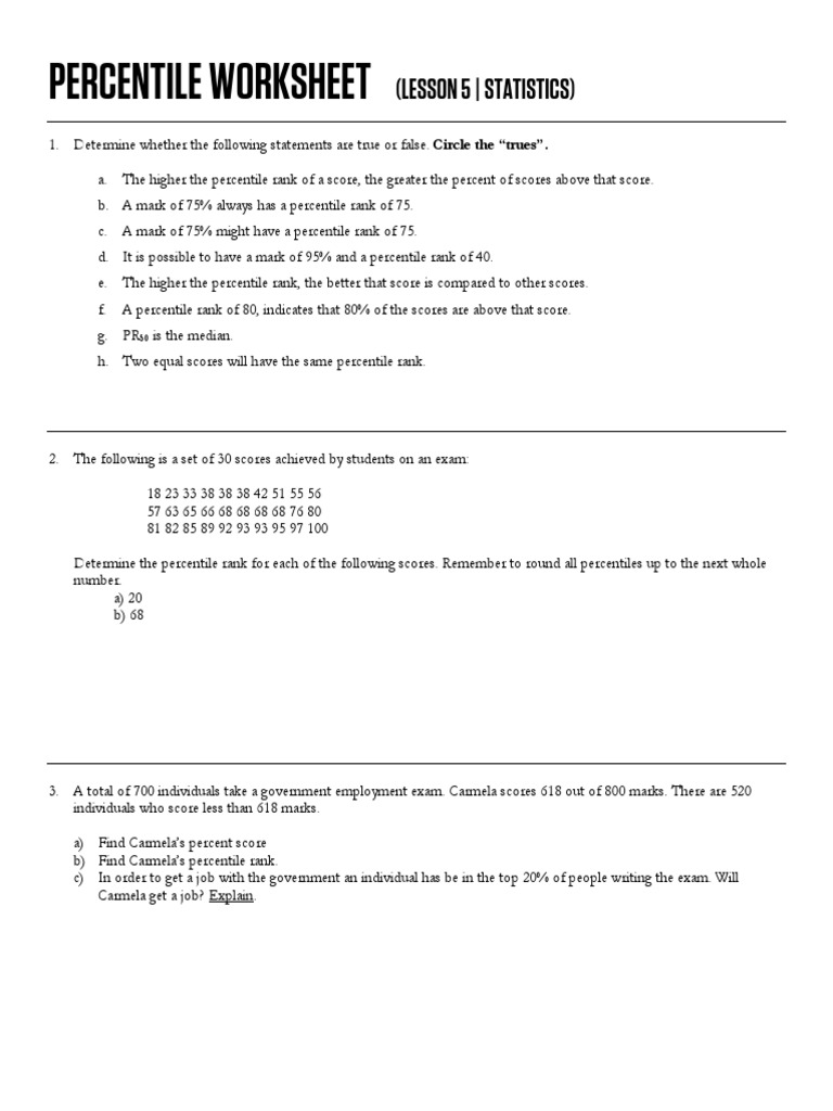 Percentile Worksheet | Percentile | Median