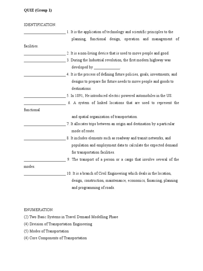 QUIZ (Group 1) | PDF | Transport | Transportation Engineering