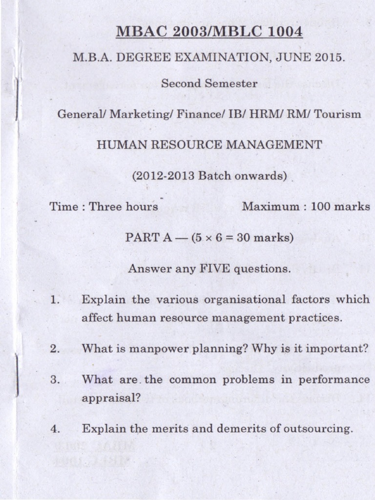 HRM Previous Year Question Paper | PDF | Performance Appraisal | Human ...