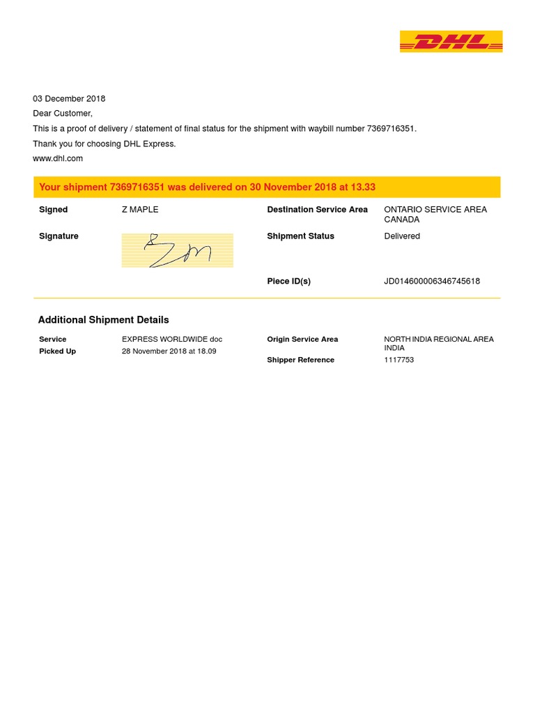 DHL Pod - 7369716351 | PDF
