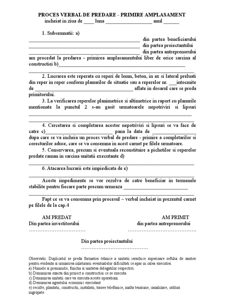 Proces Verbal Predare Primire Amplasament | PDF