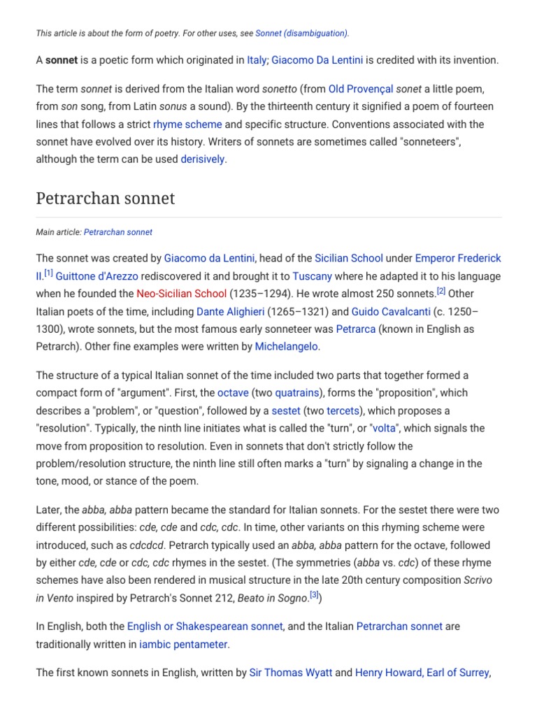 Sonnet Wikipedia The Free Encyclopedia Pdf Sonnets Poetic Devices