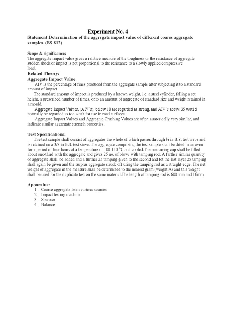 Experiment No 1 Aggregate Impact Value Test | PDF | Construction ...