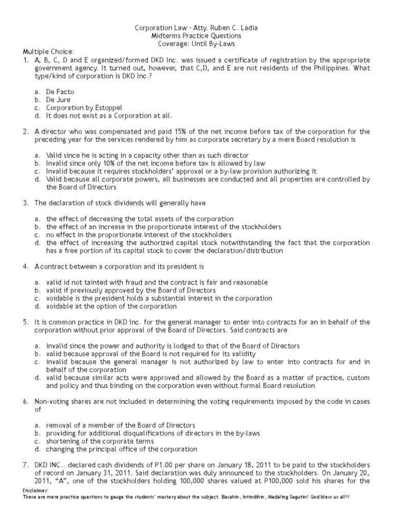 Corporation Law Midterms Practice Questions Until by Laws | PDF | Board ...