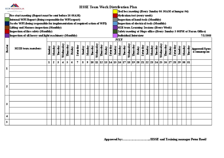 HSSE Team Work Distribution Plan: Approved/Хүлээ н зөвшөөрсөн | PDF | Sports | Leisure