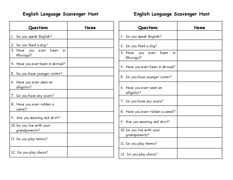 ESL English Language Scavenger Hunt | PDF